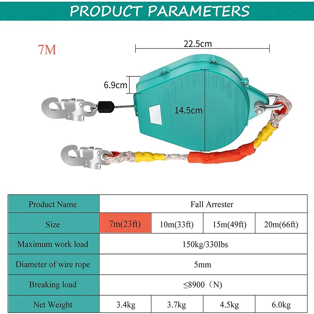 Steel Wire Rope 23ft Fall Protection 330lbs Fall Arrester Self ...