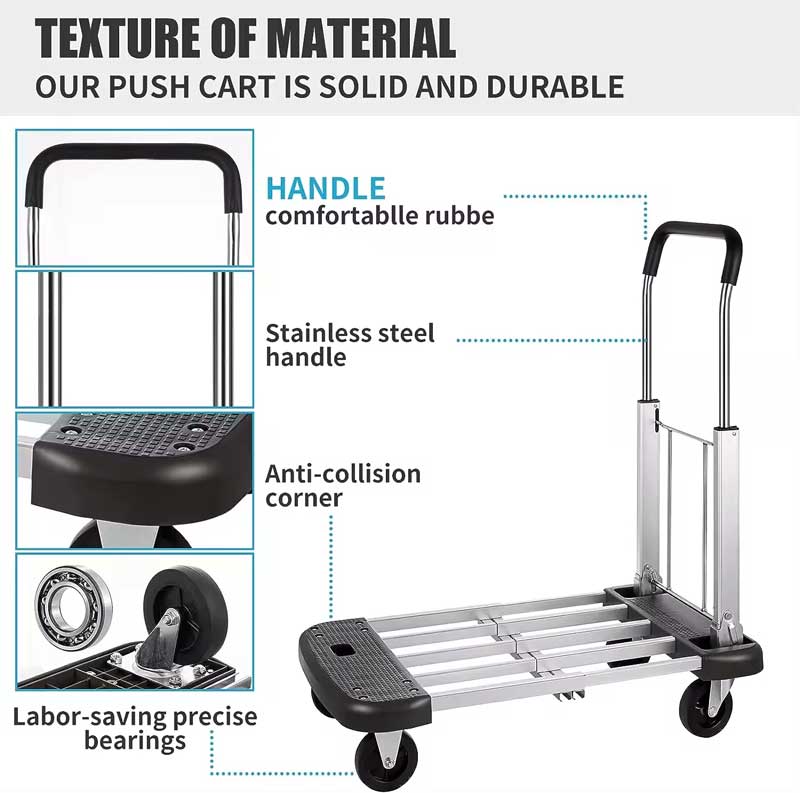 Foldable Push Cart Aluminum Adjustable Length Dolly With Polyurethane ...